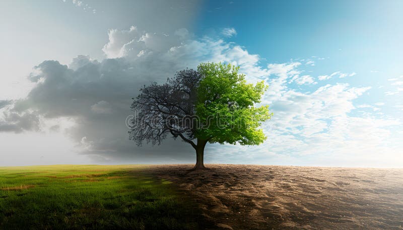 Concept of Climate Changing. Half Dead and Alive Tree Outdoors Stock ...