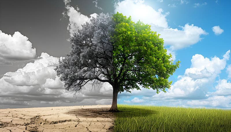 Concept of Climate Changing. Half Dead and Alive Tree Outdoors Stock ...