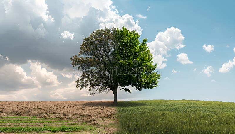 Concept of Climate Changing. Half Dead and Alive Tree Outdoors Stock ...