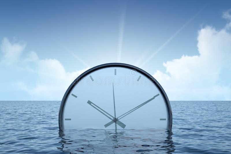 Concept Clock Sinks into the Sea Stock Illustration - Illustration of ...