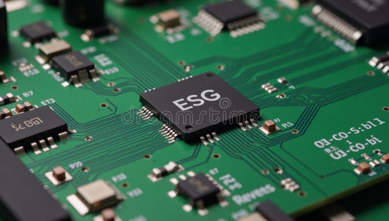 Closeup Image Showcasing ESGlabeled Tech Chip on Green Circuit Board ...