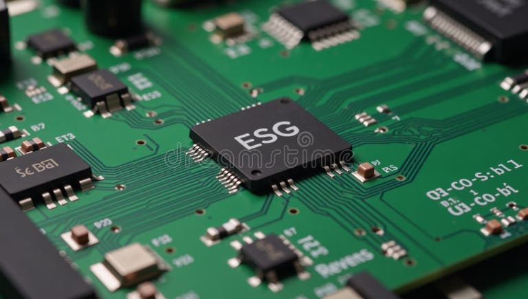 Closeup Image Showcasing ESGlabeled Tech Chip on Green Circuit Board ...