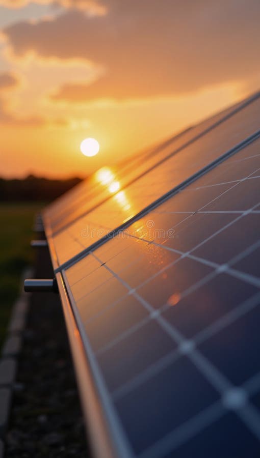 Closeup View of Solar Panel Glow during Sunset Highlighting Sustainable ...