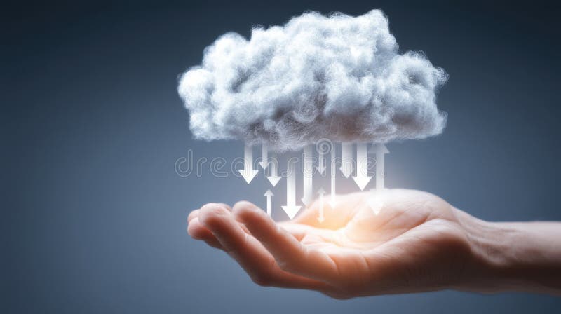 Concept of Cloud Computing Represented by Cloud Over Hand with Rain Arrows Indicating Data Flow ...