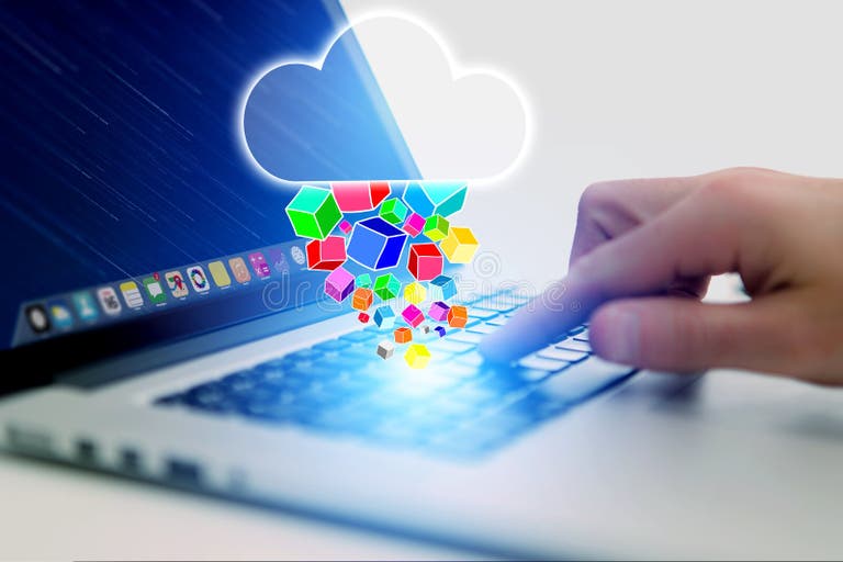 Concept of Cloud Storage Icon Flying Out a Computer - Technology Stock Image - Image of ...