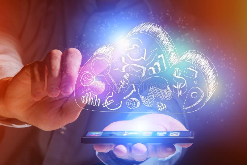 Concept of Cloud Storage Icon Flying Out a Smartphone - Technolo Stock Illustration ...