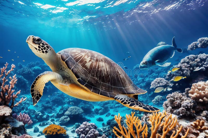 Colorful Underwater World Turtle and Fish .AI Generated Stock ...