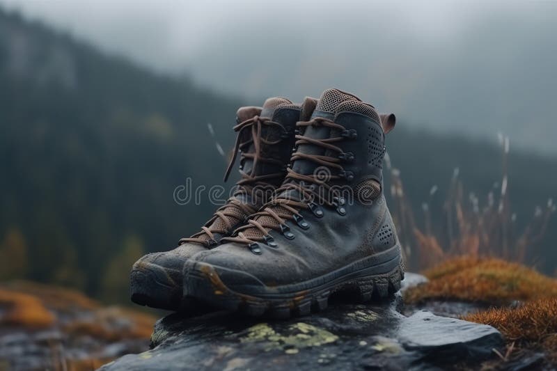 Com, Table Hiking Boots Stand on a Rock Against the Backdrop of a Rainy ...