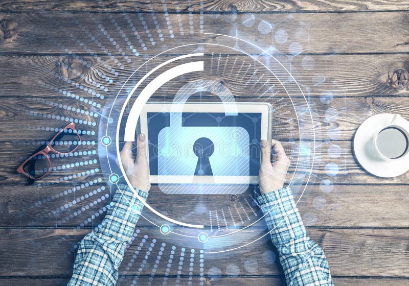 Concept of Computer Access with Media Lock Icon on Tablet Screen Stock ...