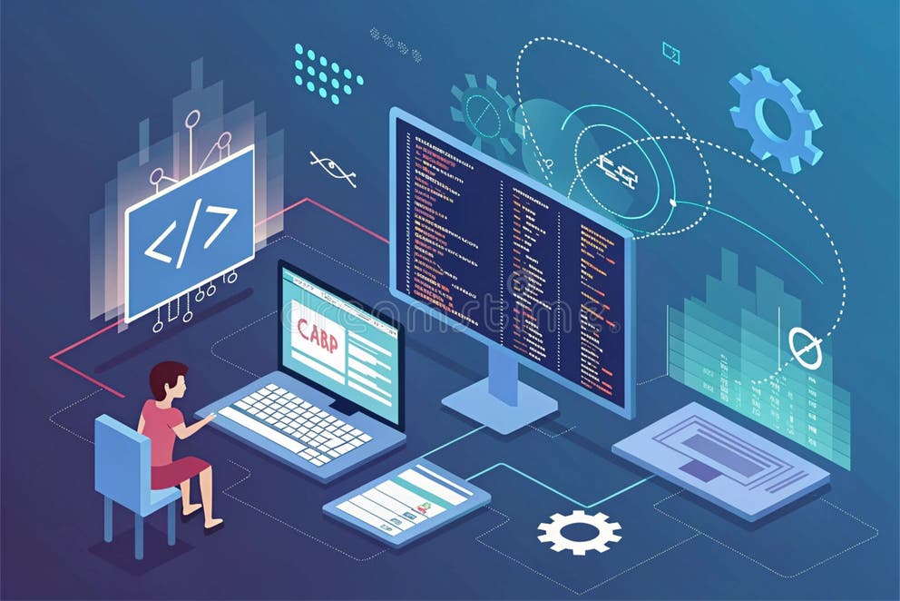 Concept of Computer Programming or Developing Software or Game. Illustration with Coding Symbols ...