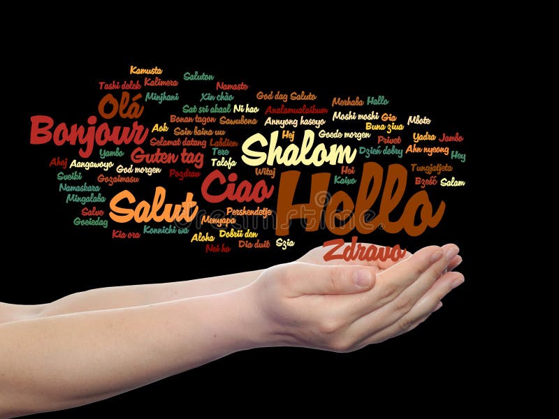 Abstract Hello or Greeting International Word Cloud on Hands Stock ...