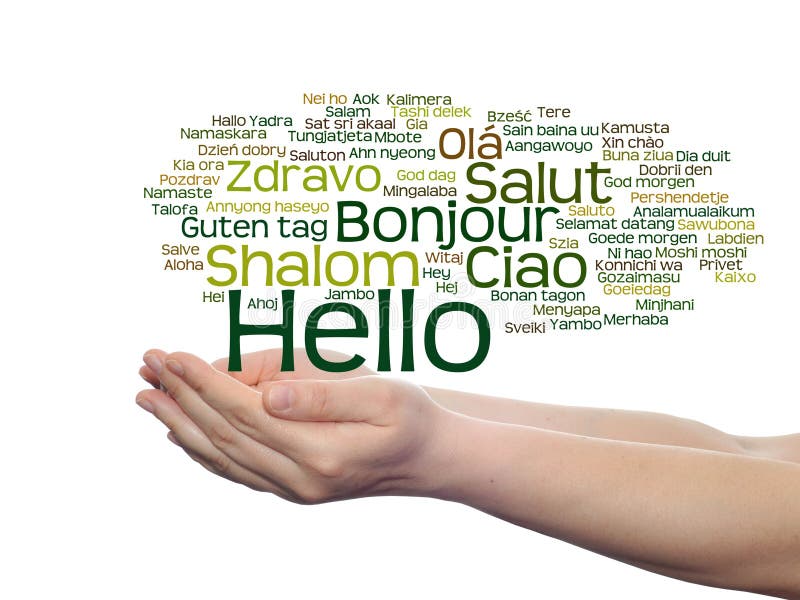 Abstract Hello or Greeting International Word Cloud on Hands in ...