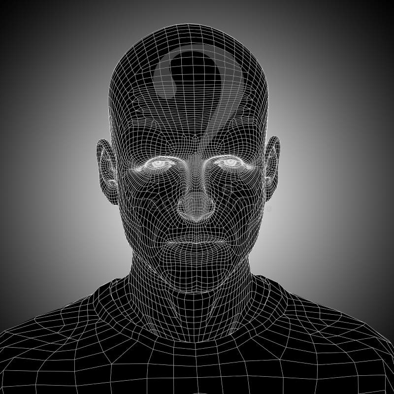 Conceptual 3D Wireframe Human Male or Man Face or Head Stock ...