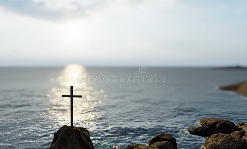 Religious Christian Cross Standing on Rock in the Sea Stock ... Religious Christian Cross Standing on Rock in the Sea Stock ...