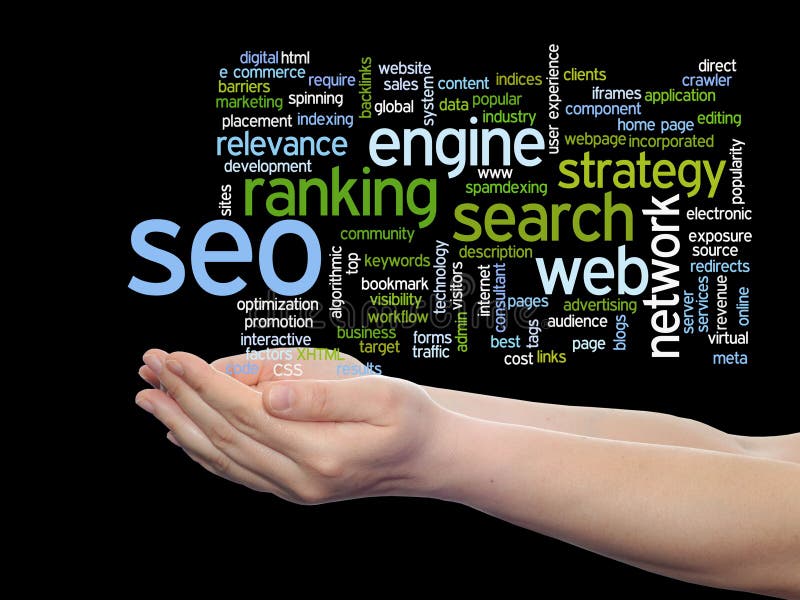 Search Engine Optimization, Seo Abstract Word Cloud in Hand Stock Photo ...