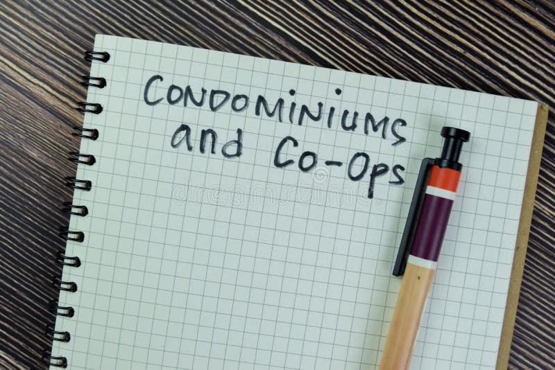 Concept of Condominiums and Co-Ops Write on a Book Isolated on Wooden ...