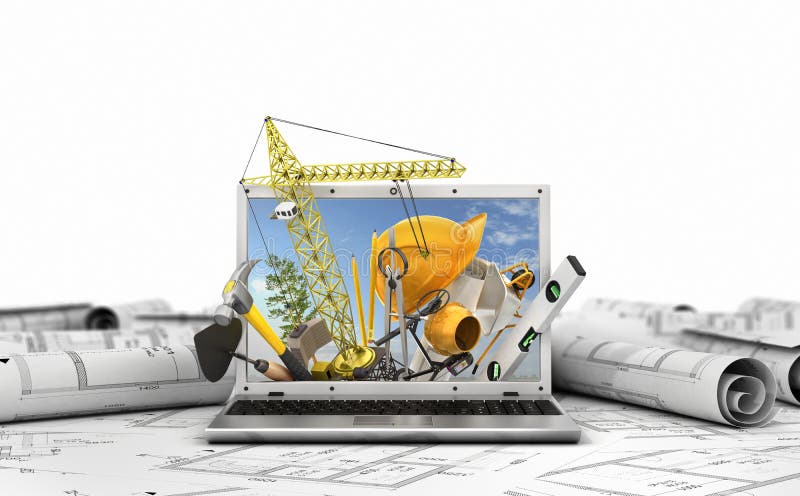 Concept of Construction. Building Tools in Laptop Screen Stock ...