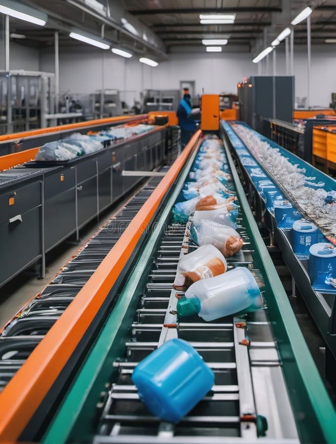 Conveyor Assembly Line with Garbage Bottles and Packaging, Industry ...