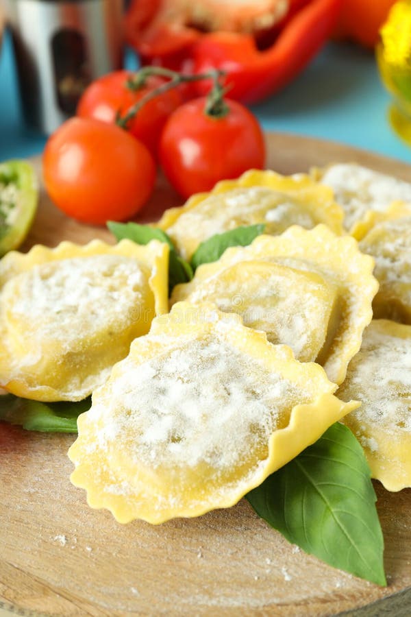 Concept of Cooking Ravioli on Blue Background Stock Image - Image of ...