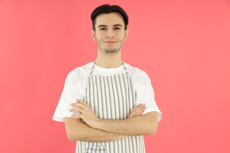 Concept of Cooking, Young Man Chef on Pink Background Stock Image ...