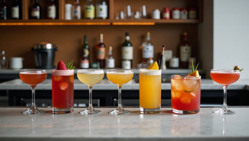 Counter Bar Displays an Array of Cocktails in a Restaurant Setting ...