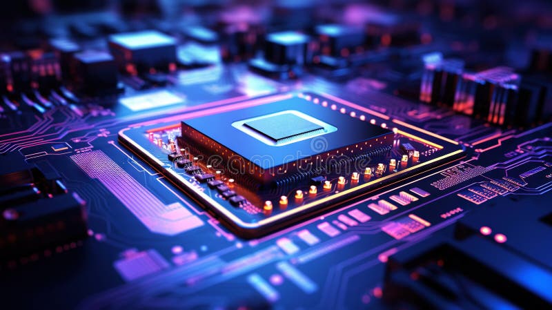 Concept CPU. Close-up of Modern Computer Micro Chip in Neon Light Stock ...