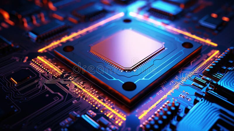 Concept CPU. Close-up of Modern Computer Micro Chip in Neon Light Stock ...