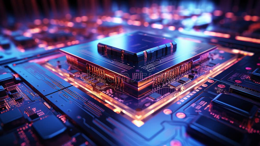 Concept CPU. Close-up of Modern Computer Micro Chip in Neon Light Stock ...