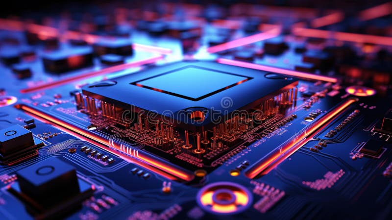 Concept CPU. Close-up of Modern Computer Micro Chip in Neon Light Stock ...