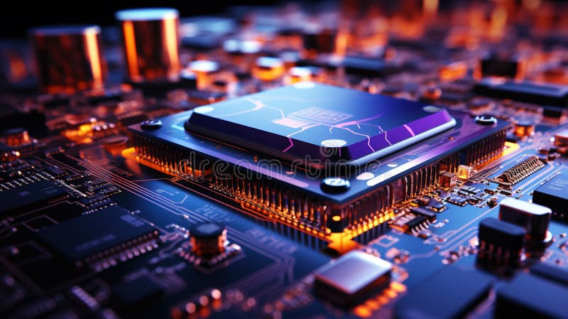 Concept CPU. Close-up of Modern Computer Micro Chip in Neon Light Stock ...