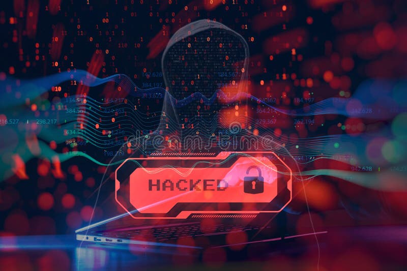 Concept of Cyber Attack and Data Breach. Anonymous Hacker in Hoodie Using a Laptop with Digital ...