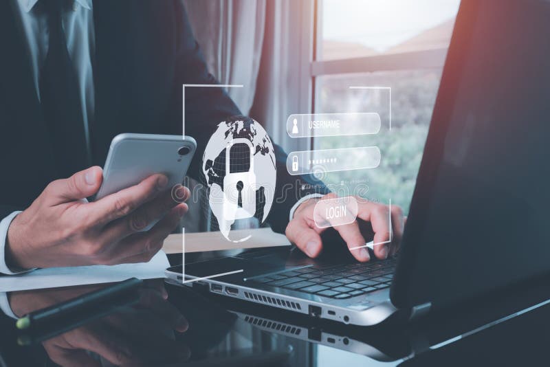 Concept Cyber Security Internet and Networking.Businessman Uses a ...