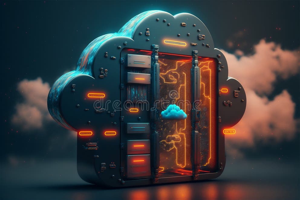 Concept of Cyber Server Cloud Data Storage. Cloudscape Digital Online Rack Service for Global ...