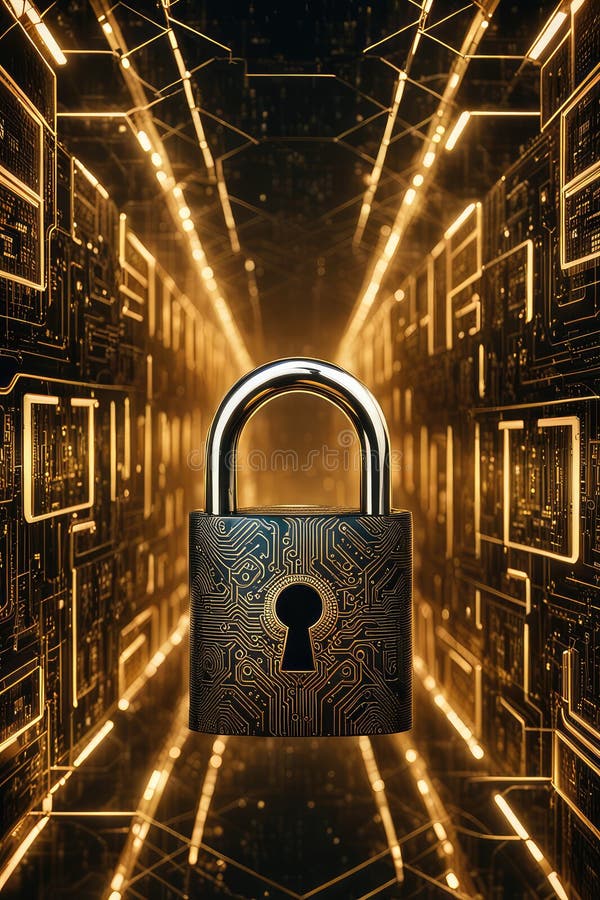 The Concept of Cybersecurity. Padlock on the Background of the Server ...