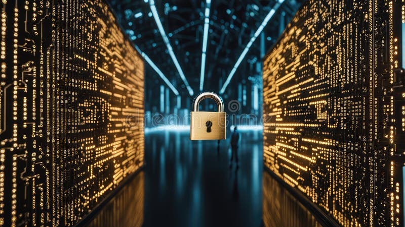 The Concept of Cybersecurity. Padlock on the Background of the Server ...