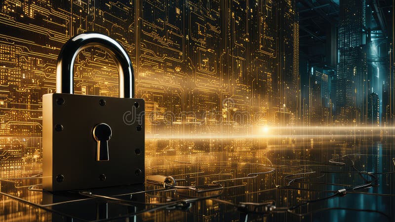 The Concept of Cybersecurity. Padlock on the Background of the Server ...