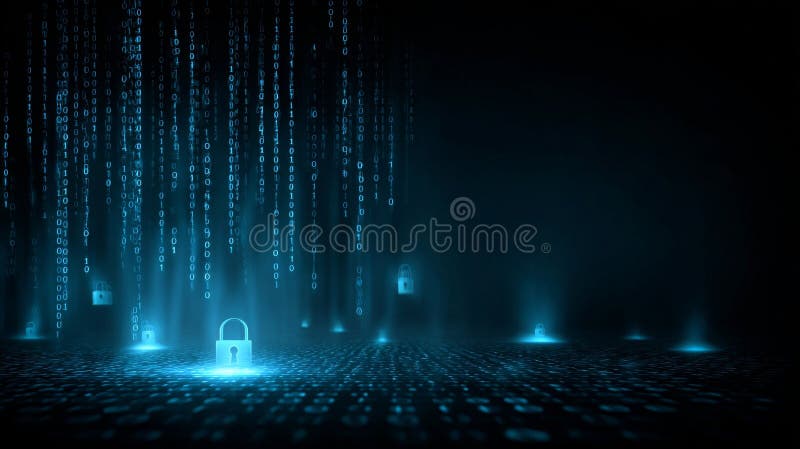 The Concept of Cybersecurity is Represented by Glowing Blue Padlocks and Binary Code on a Dark ...