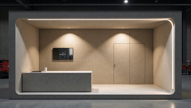 3D Perspective Render Minimalistic Cement Texture Exhibition Booth ...