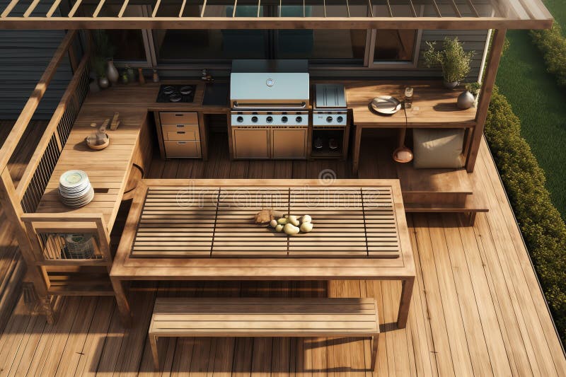 3D Render of Teak Wooden Deck with Outdoor Grill. Generative AI Stock ...