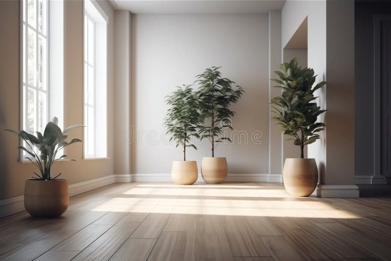 3D Rendering of Modern Empty Room Interior, Plant Pot, Parquet Floor ...