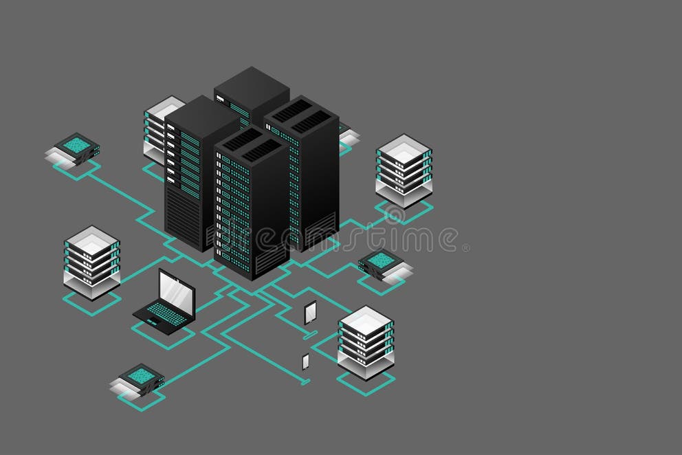 Concept of Data Network Management .Vector Isometric Map with Business Networking Servers ...