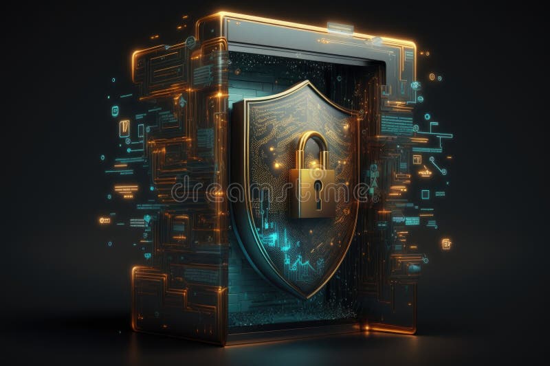 The Concept of Data Security. Shield with Dangling Gold Lock on Digital ...