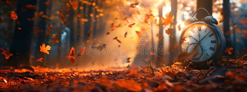 Concept Daylight Saving Time. Clock Timer Celebrations. Autumnal Forest ...