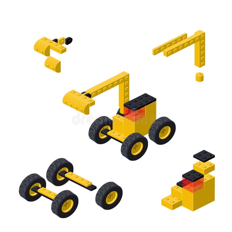 Concept with Deconstruction Excavator from Plastic Blocks. Vector Stock ...