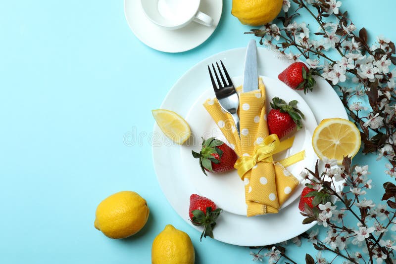 Concept of Delicious Eating on Blue Background Stock Image - Image of ...