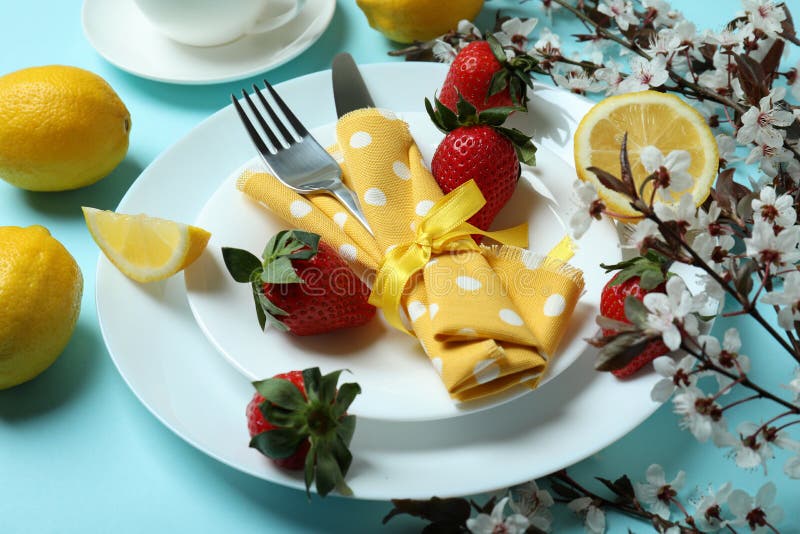 Concept of Delicious Eating on Blue Background Stock Image - Image of ...