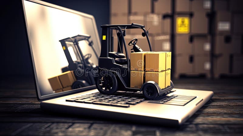 Concept of Delivering, Shipping or Logistics. Forklift on Laptop Stock ...
