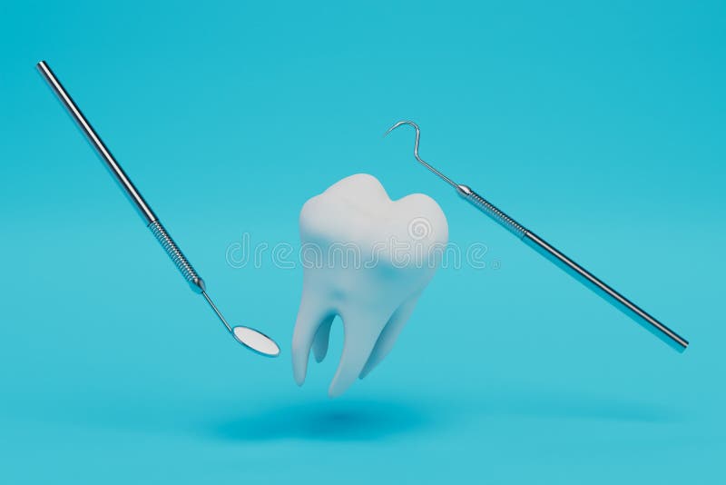 Concept of Dental Examination. Tooth, Mirror and Probe on a Blue ...
