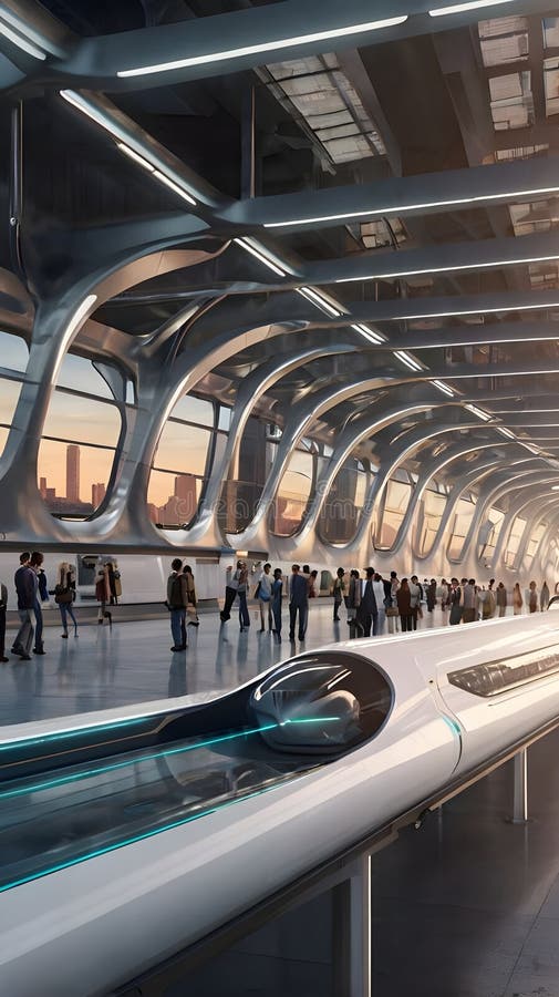 A Concept Design of a Hyperloop Station with Passengers Boarding Futuristic Trains Stock Image ...