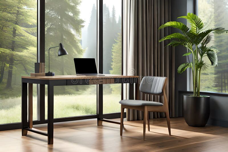 A Desk with a Laptop on it in Front of a Window with a View of a Forest ...